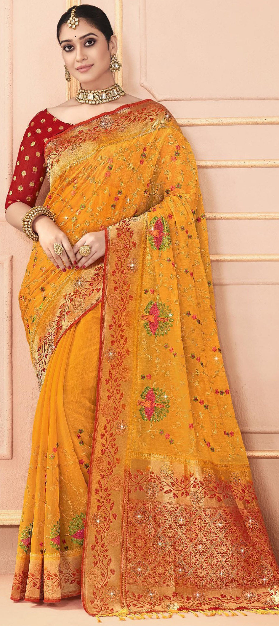 Bridal, Reception, Wedding Yellow color Art Silk, Silk fabric Saree ...