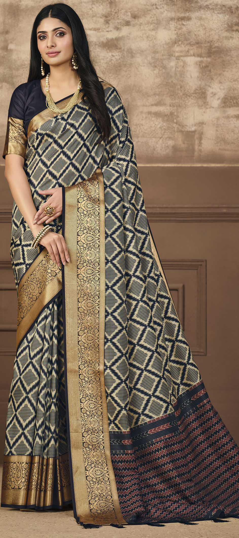 Festive, Traditional Black and Grey color Tussar Silk fabric Saree ...