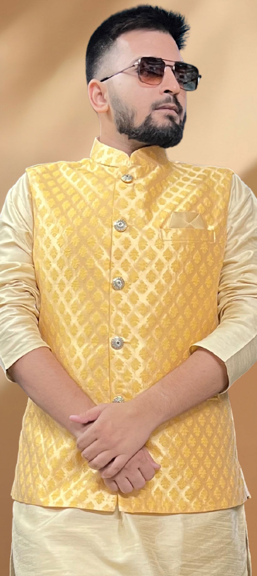 Party Wear Yellow color Silk fabric Nehru Jacket : 1912957