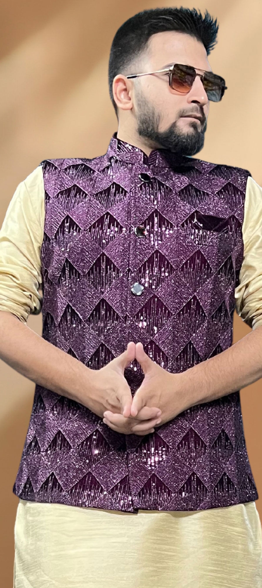 Party Wear Purple and Violet color Silk fabric Nehru Jacket : 1912991