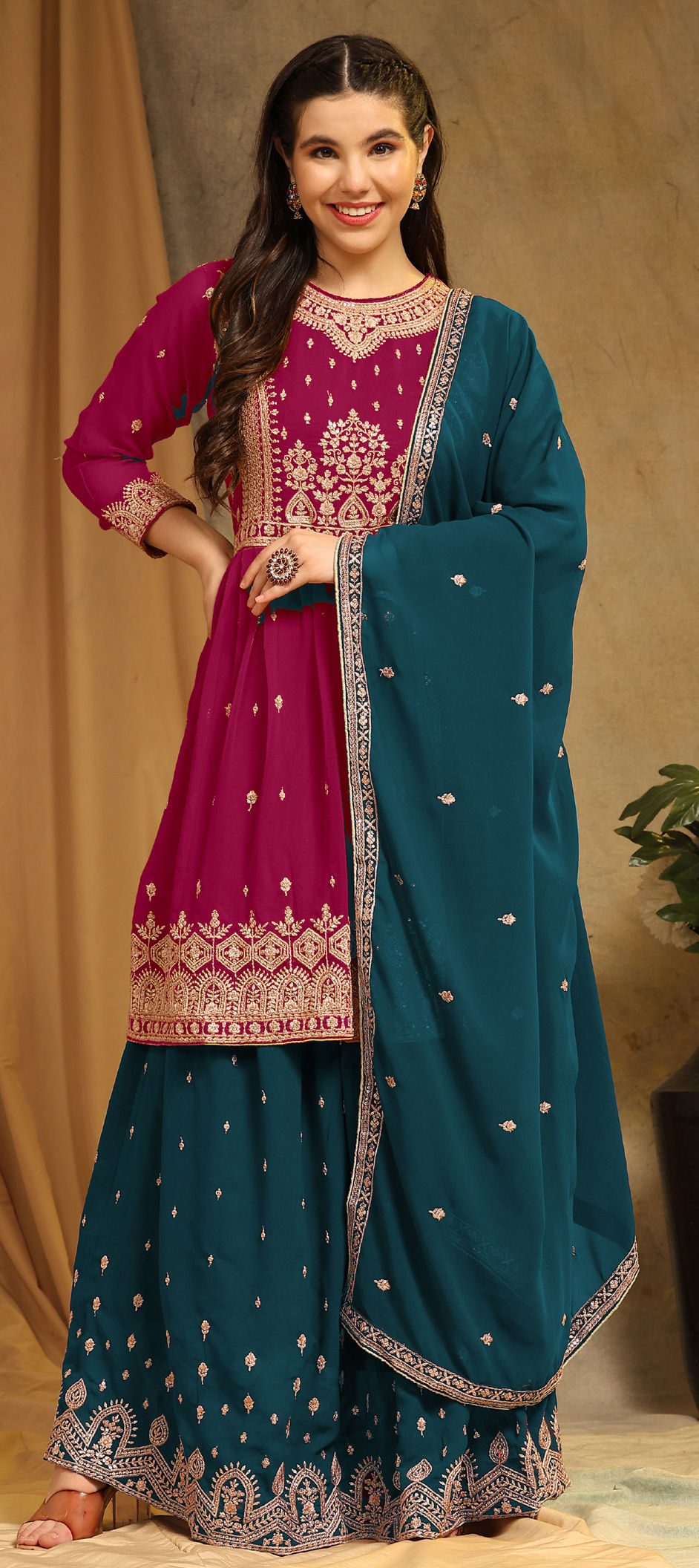 Festive, Reception, Wedding Pink and Majenta color Faux Georgette ...