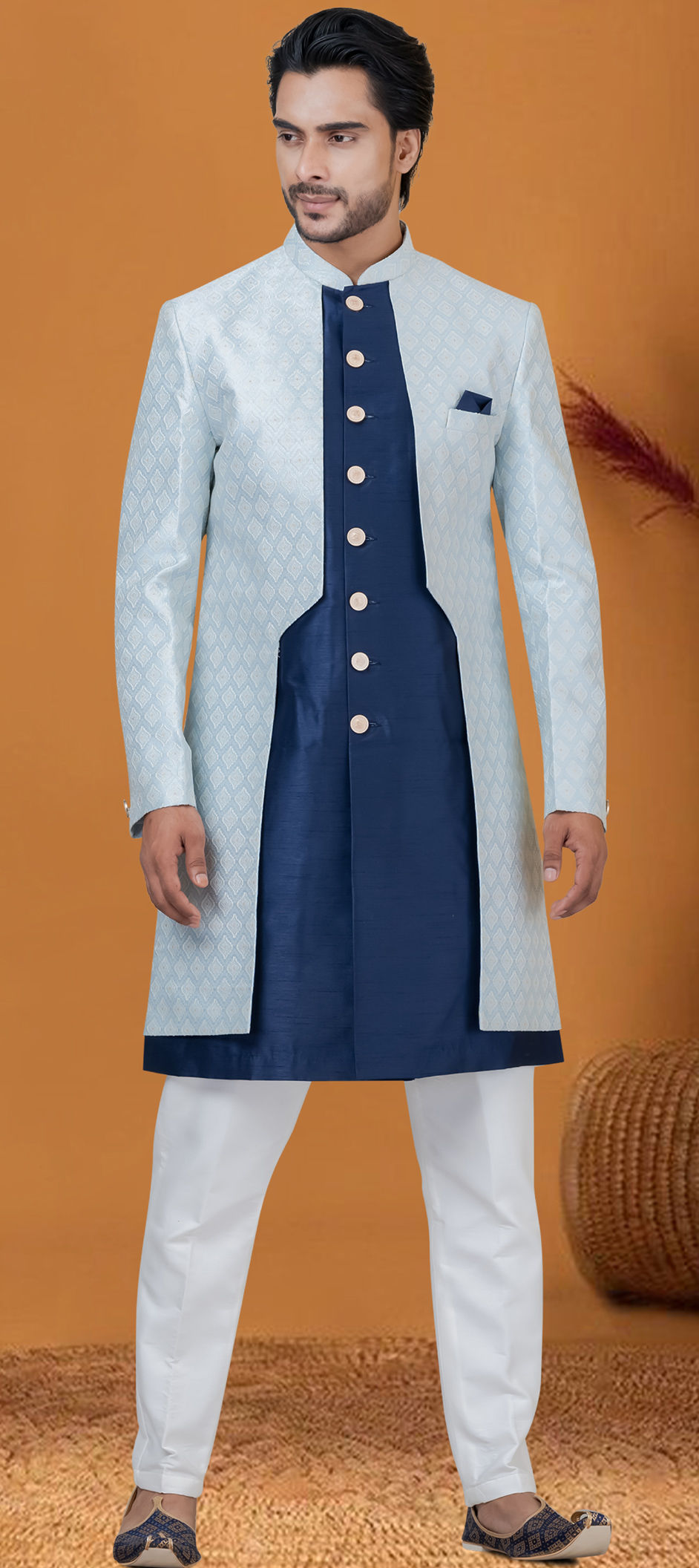 Party Wear Blue color Jacquard fabric IndoWestern Dress : 1915644