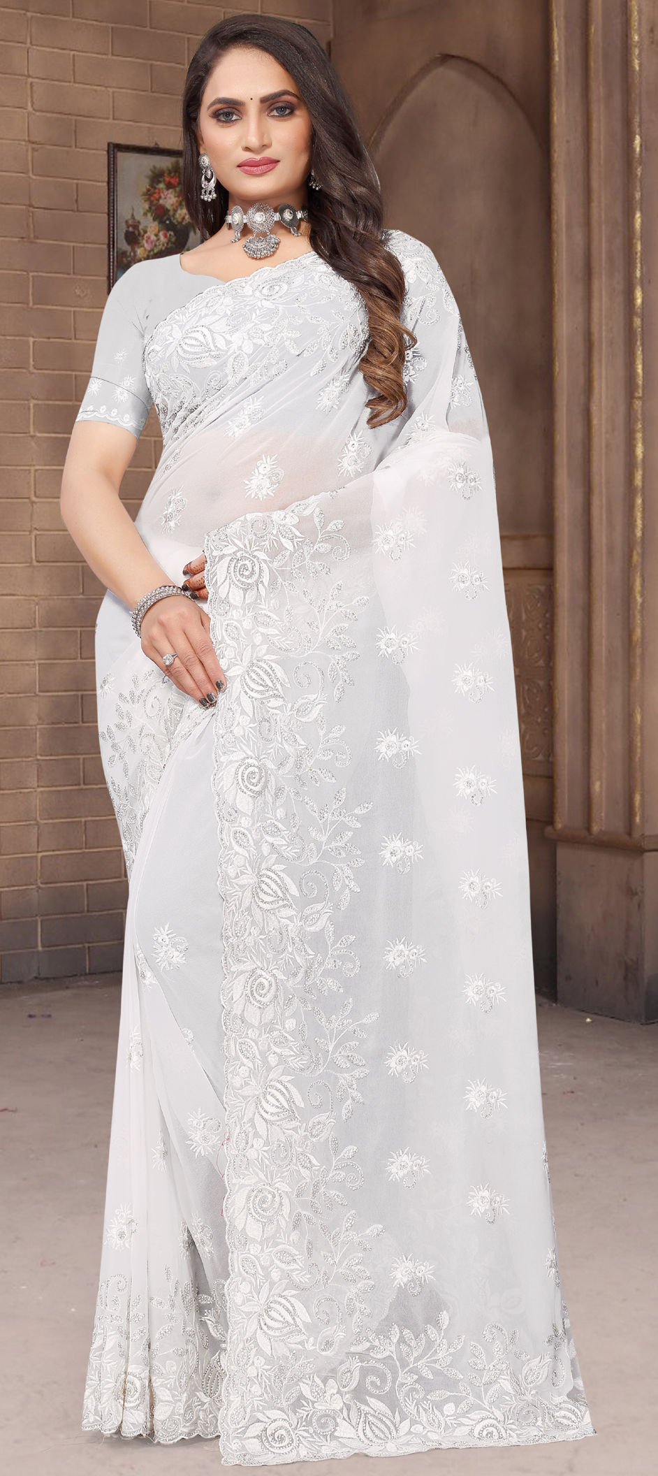 Party Wear White and Off White color Georgette fabric Saree : 1916536