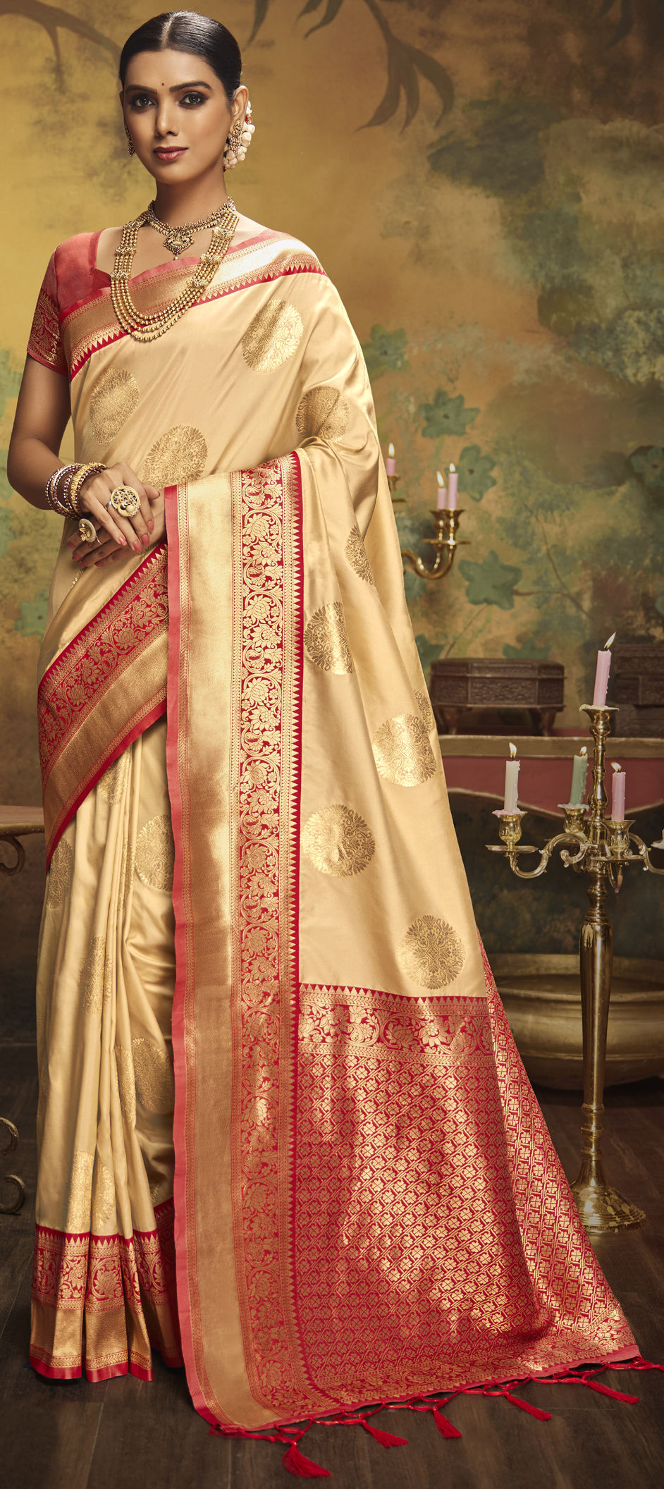 Festive, Traditional Beige and Brown color Silk fabric Saree : 1917001