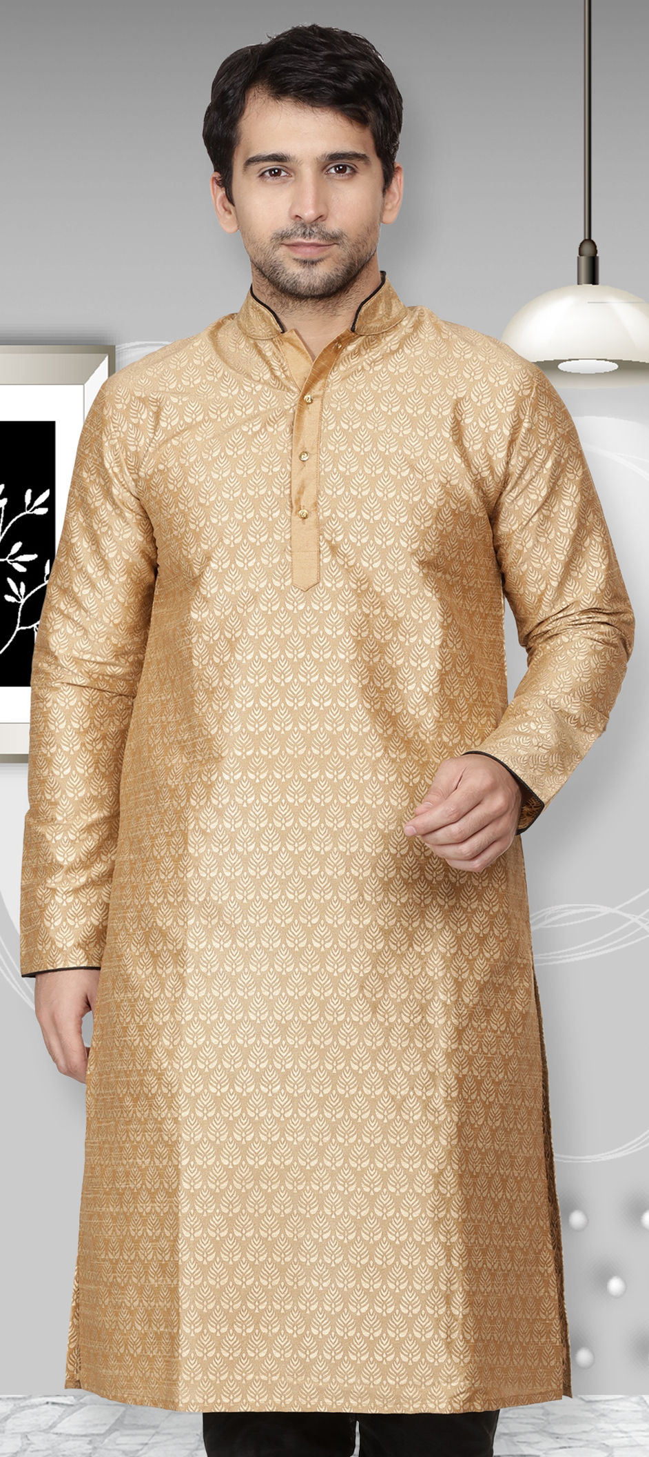 Party Wear Gold color Dupion Silk fabric Kurta : 1917142