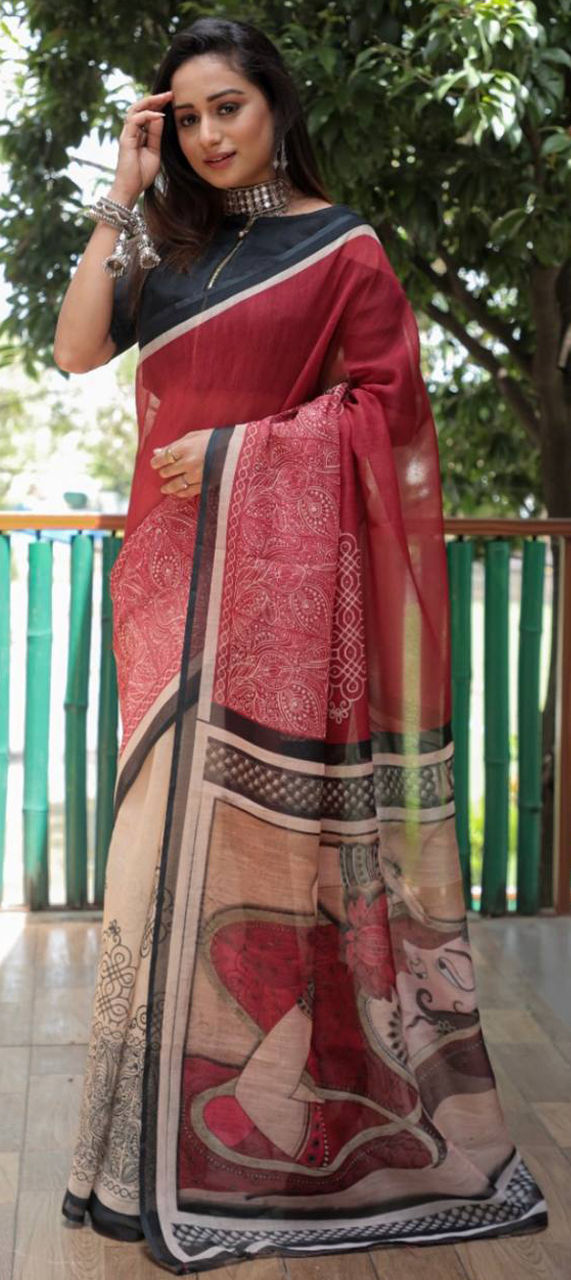 Party Wear, Traditional Beige and Brown, Red and Maroon color Linen ...