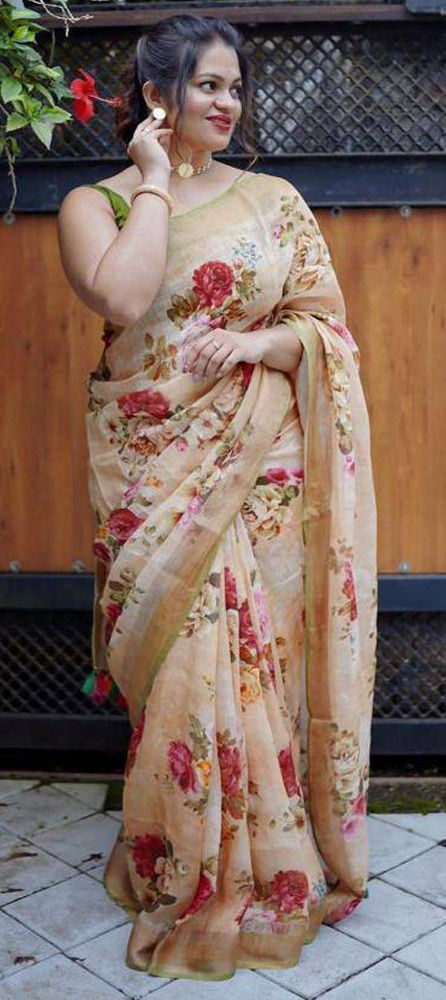 Party Wear, Traditional Beige and Brown color Linen fabric Saree : 1917805