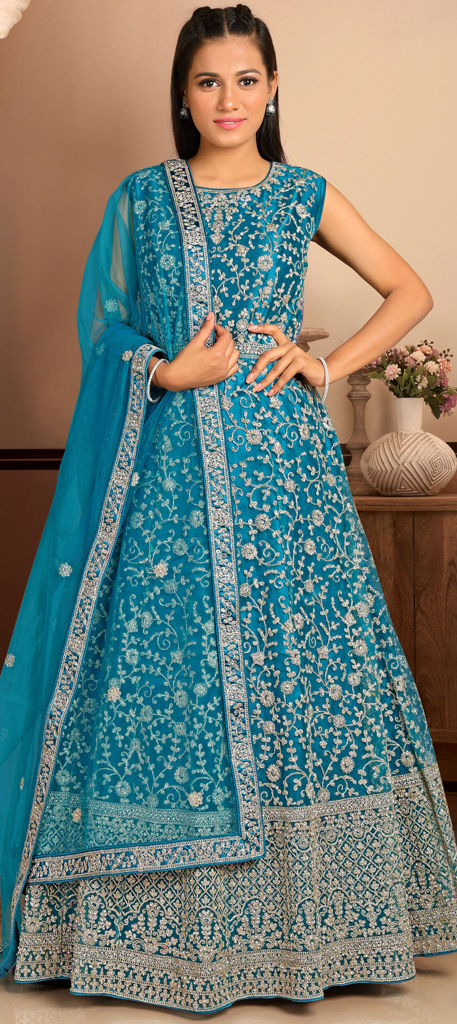 Festive, Party Wear Blue color Net fabric Gown : 1918377