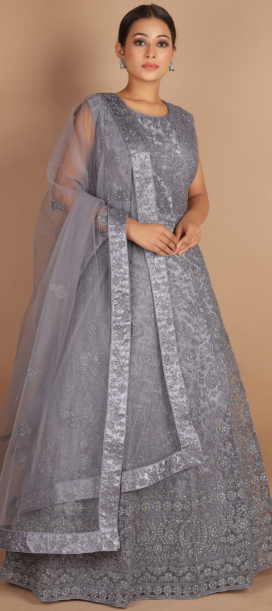 Festive, Party Wear Black and Grey color Net fabric Gown : 1918459