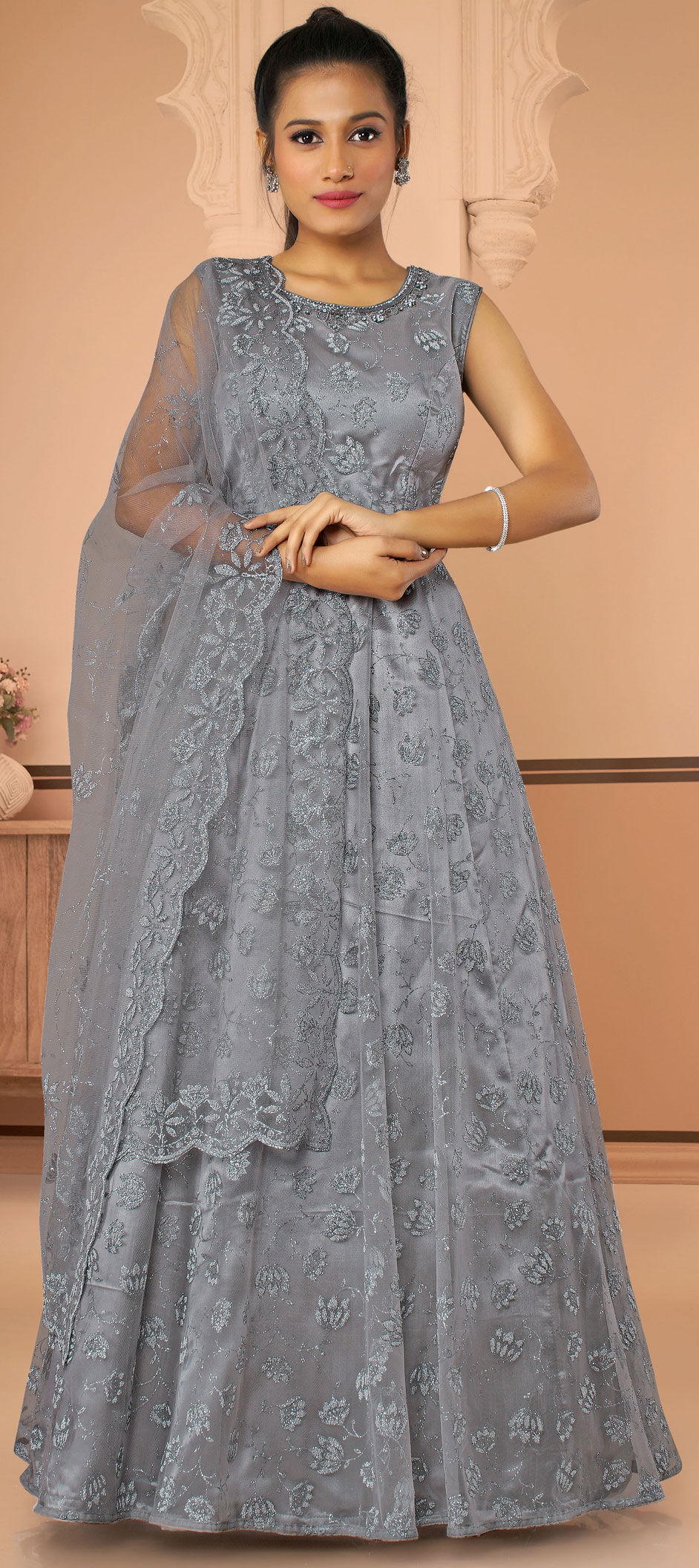 Festive, Party Wear Black and Grey color Net fabric Gown : 1918532