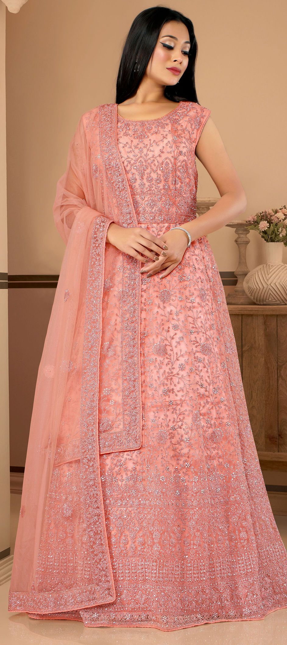 Festive, Party Wear Pink and Majenta color Net fabric Gown : 1918538