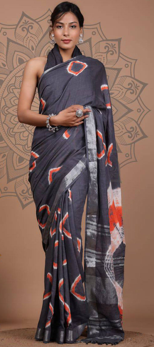 Casual, Traditional Black and Grey color Linen fabric Saree : 1919212