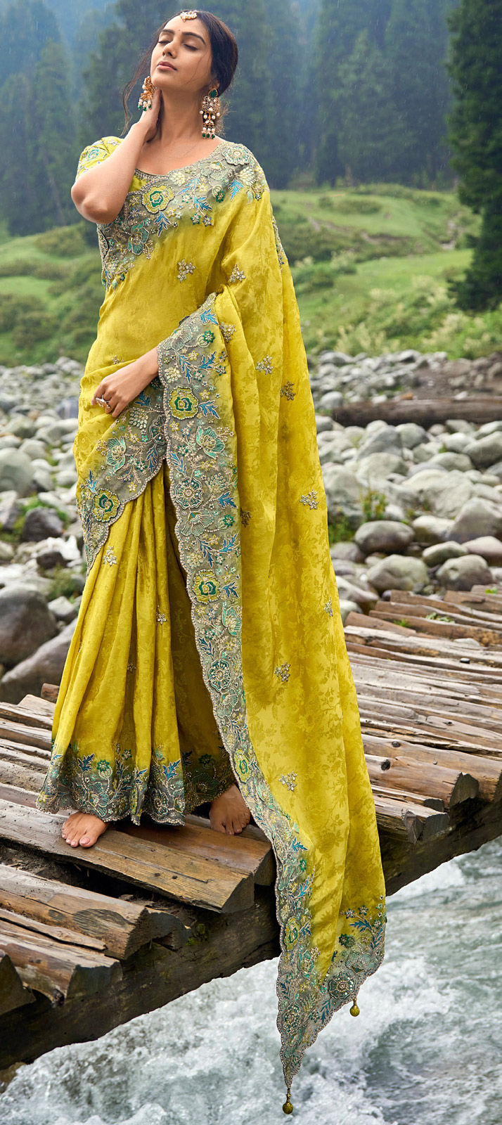 Bridal, Traditional, Wedding Yellow color Jacquard, Silk fabric Saree ...