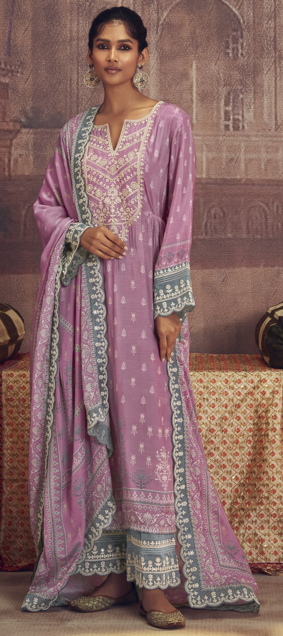 Festive, Party Wear, Reception Purple and Violet color Muslin fabric ...