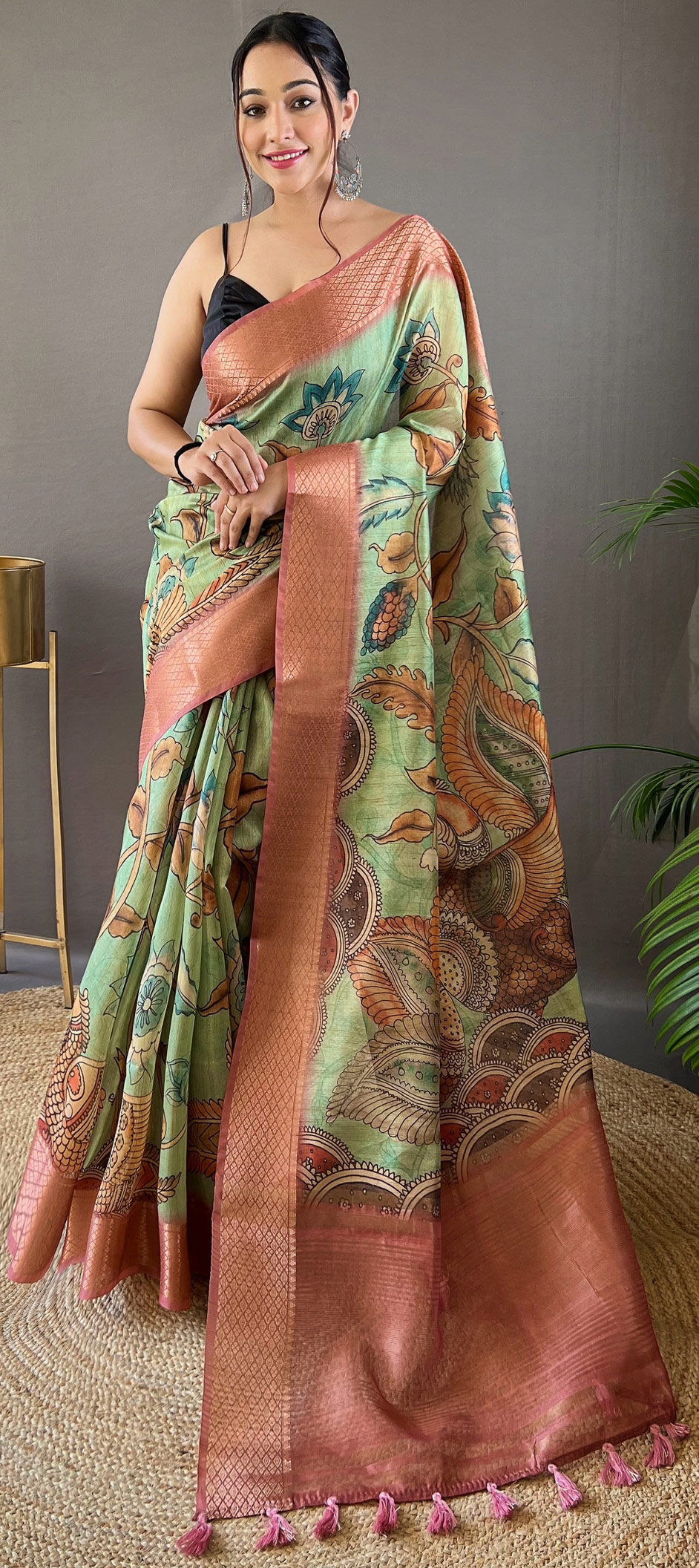 Festive, Party Wear Green color Silk, Tussar Silk fabric Saree : 1919609
