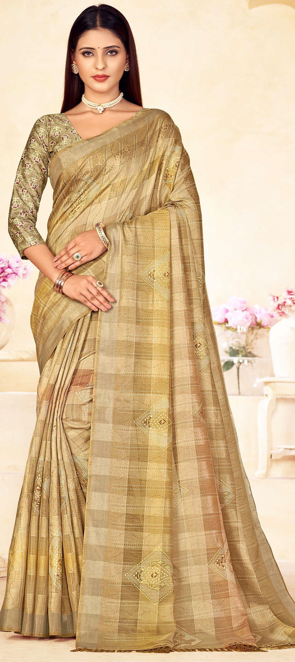 Party Wear, Traditional Beige and Brown color Linen fabric Saree : 1919770