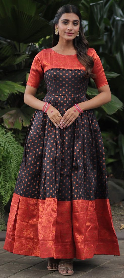 Festive, Party Wear Black and Grey color Banarasi Silk fabric Gown ...