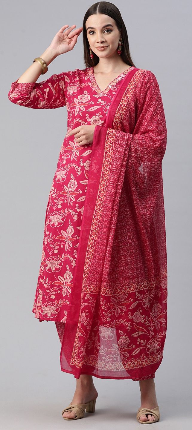 Festive, Summer Pink and Majenta color Cotton fabric Salwar Kameez : 1920267