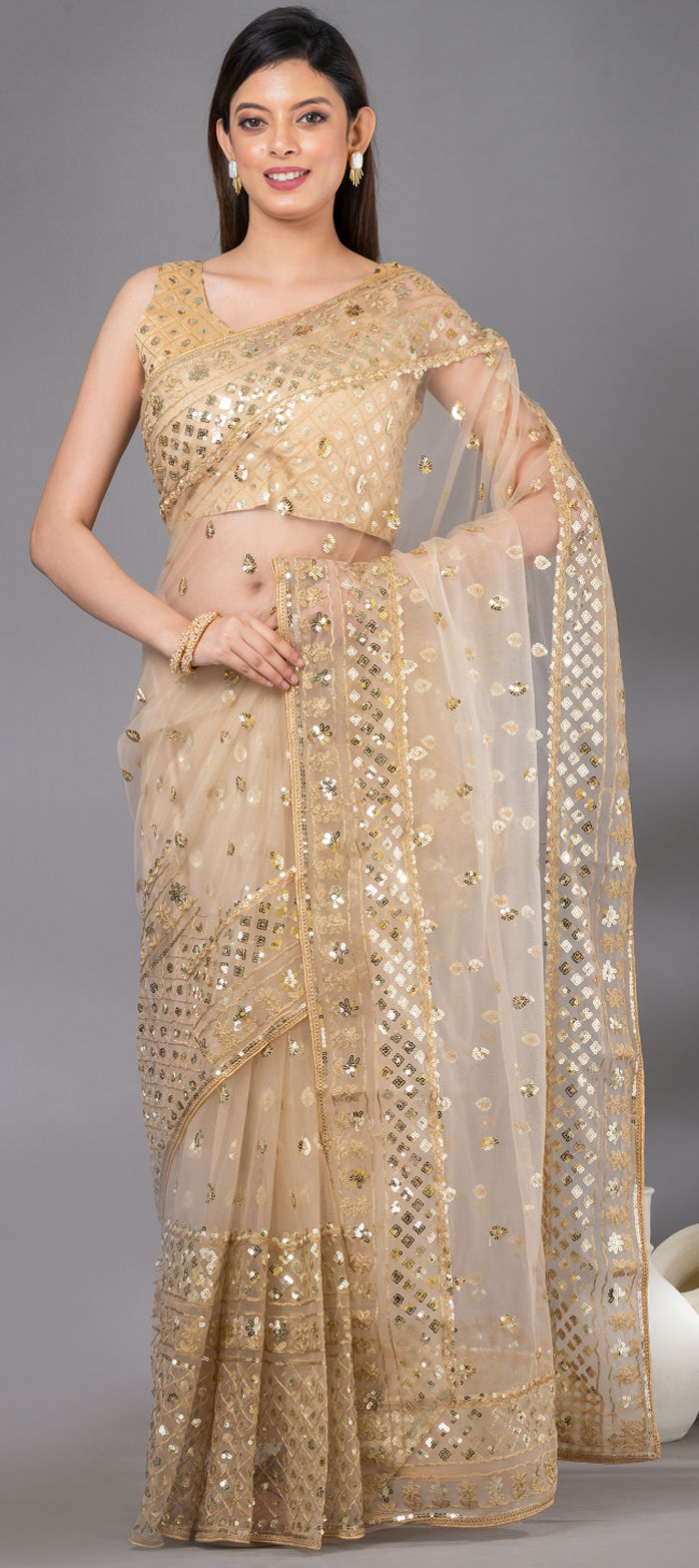 Festive, Party Wear, Wedding Gold color Net fabric Saree : 1921718