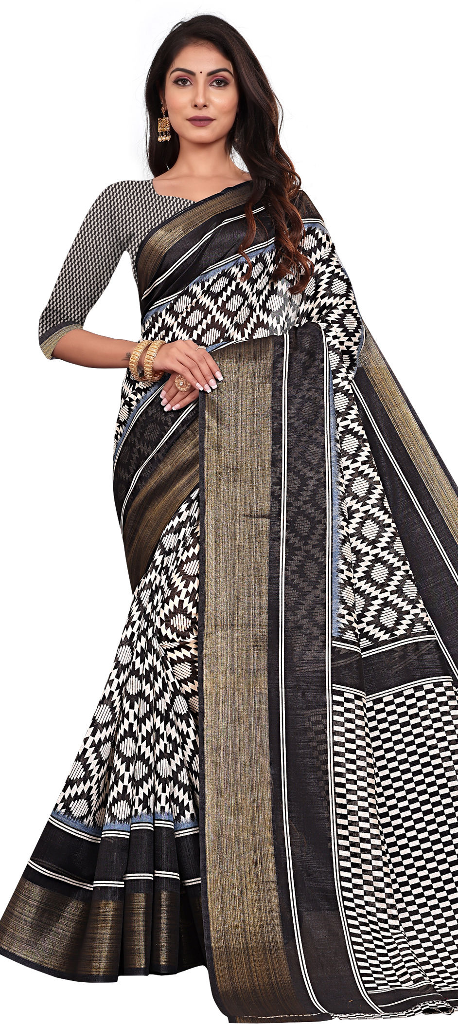 Casual, Traditional Black and Grey color Cotton fabric Saree : 1921895