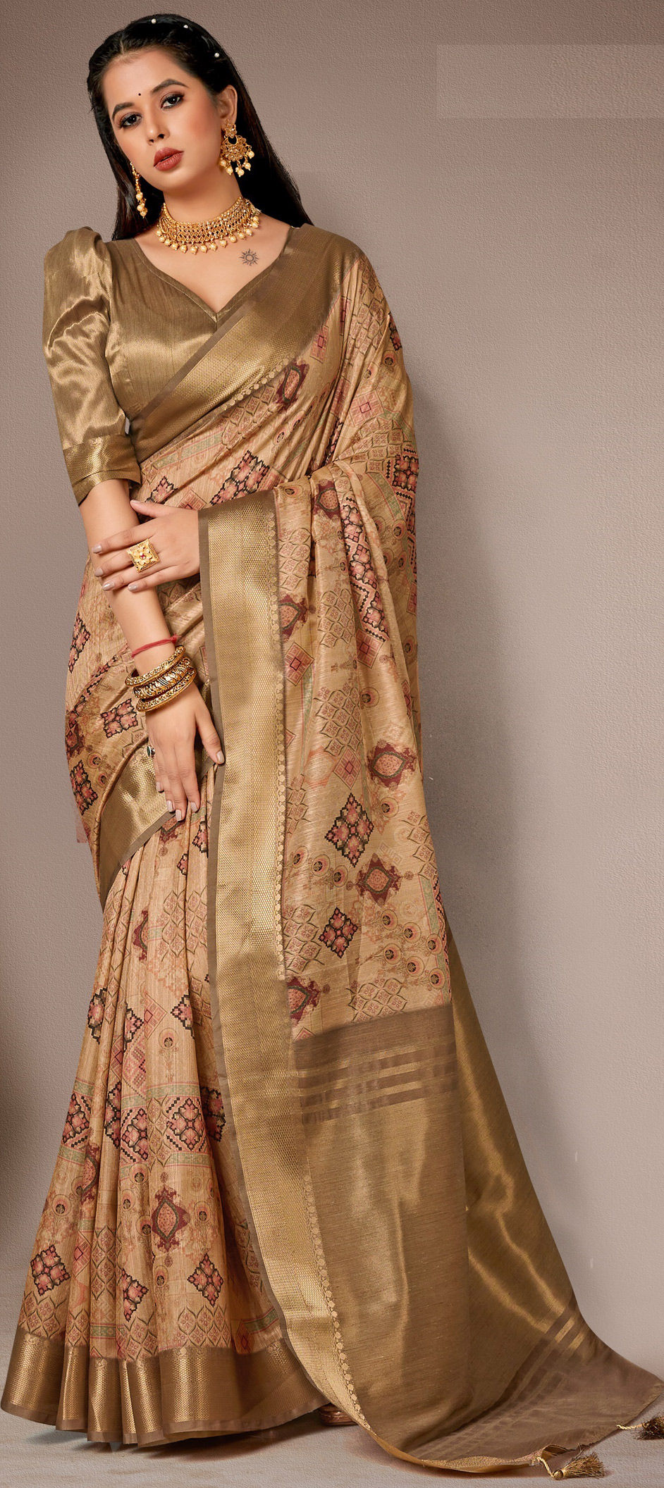 Festive, Traditional, Wedding Beige and Brown color Art Silk fabric ...