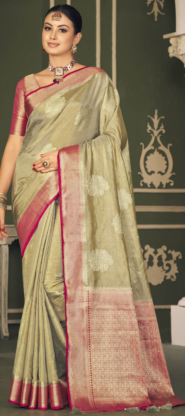 Festive, Traditional Black and Grey color Tissue fabric Saree : 1922330