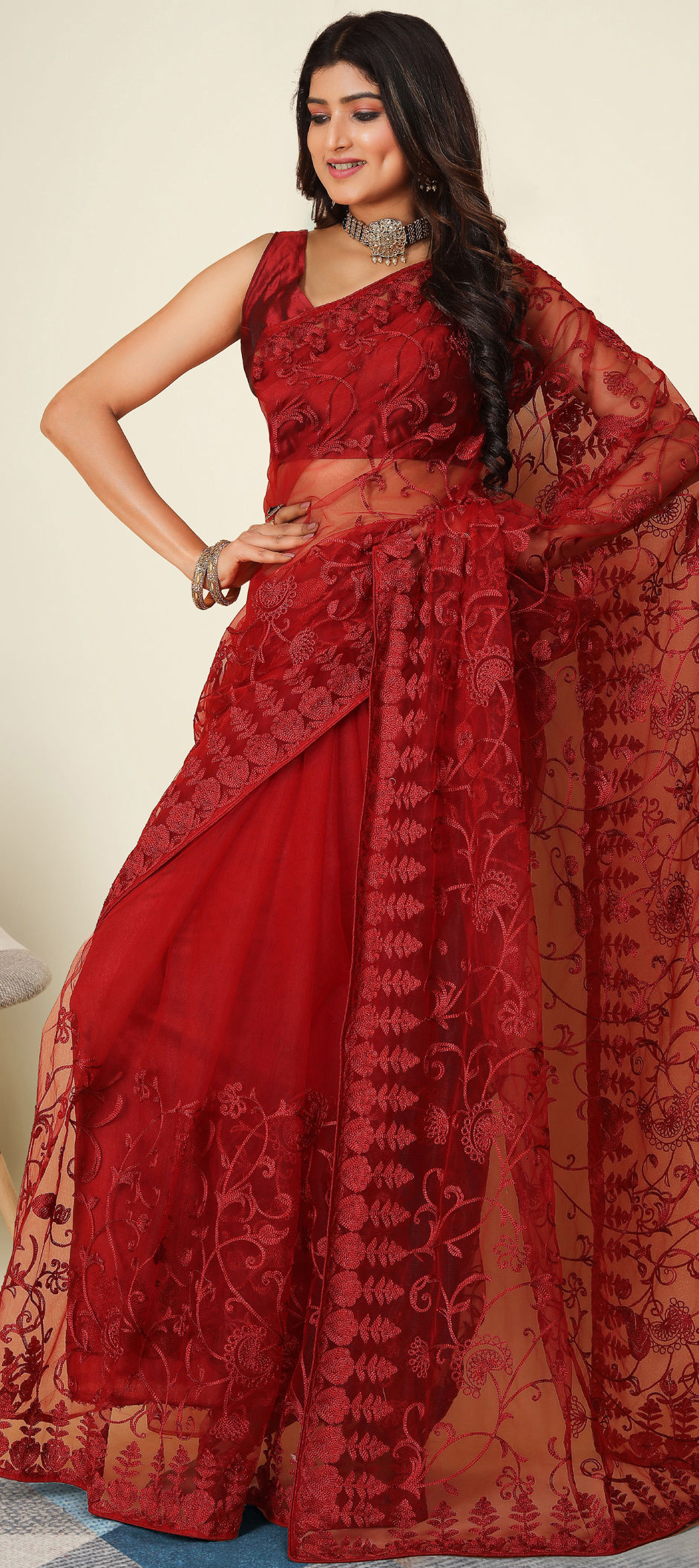 Festive, Reception Red and Maroon color Net fabric Saree : 1922535