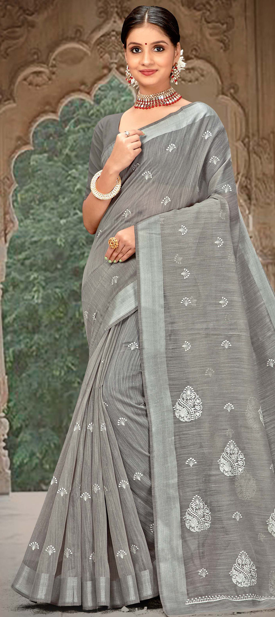 Casual, Traditional Black and Grey color Linen fabric Saree : 1924413