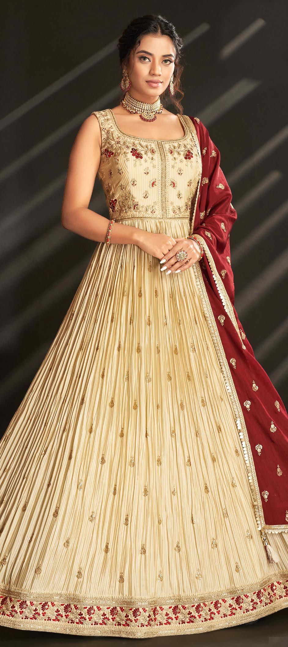 Festive, Reception, Wedding Beige and Brown color Silk fabric Gown ...