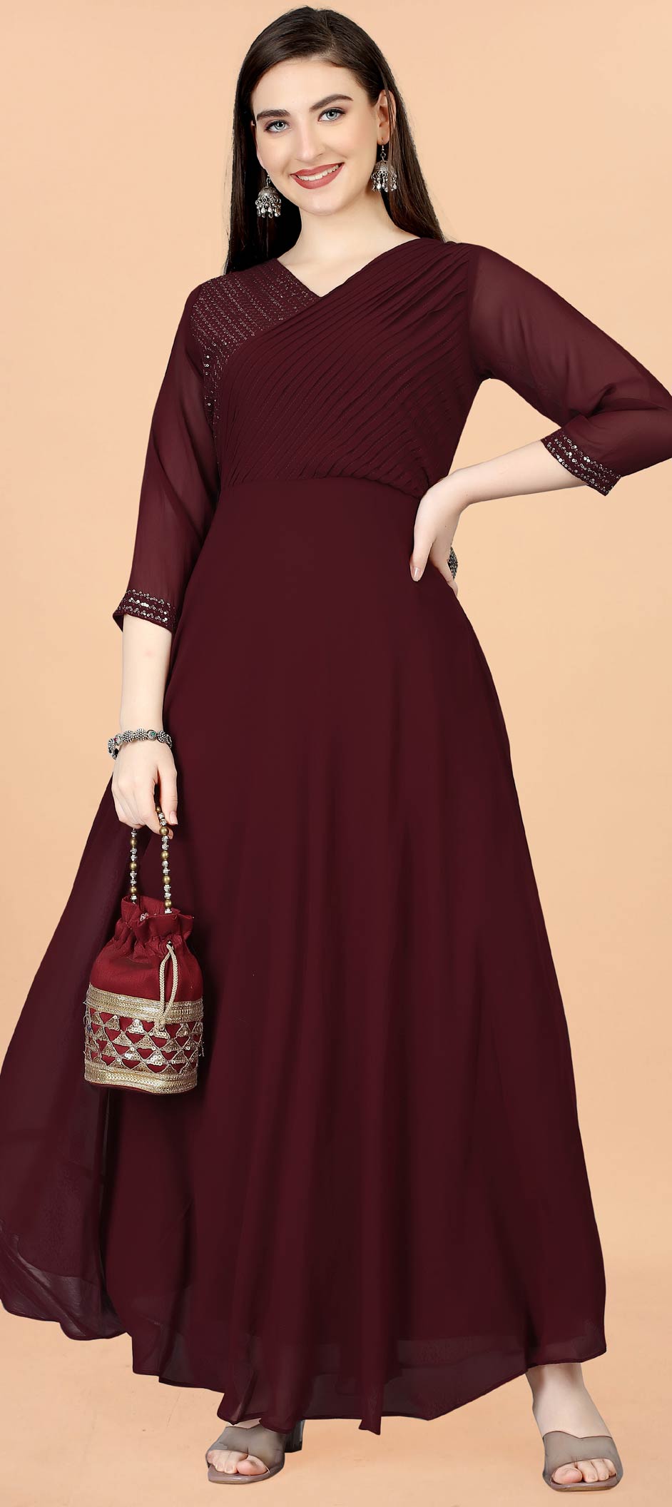Festive, Reception Red and Maroon color Georgette fabric Gown : 1928221