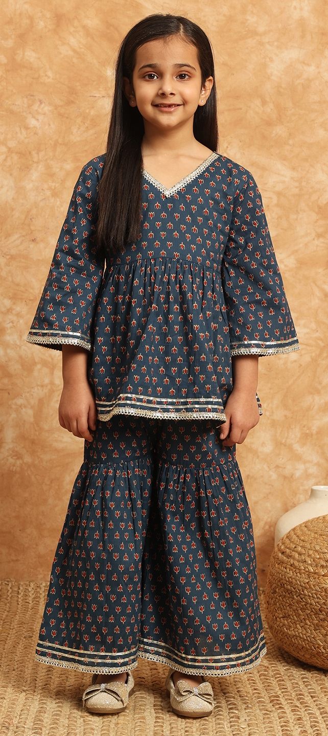 Festive, Summer Blue color Cotton fabric Girls Top with Bottom : 1929880