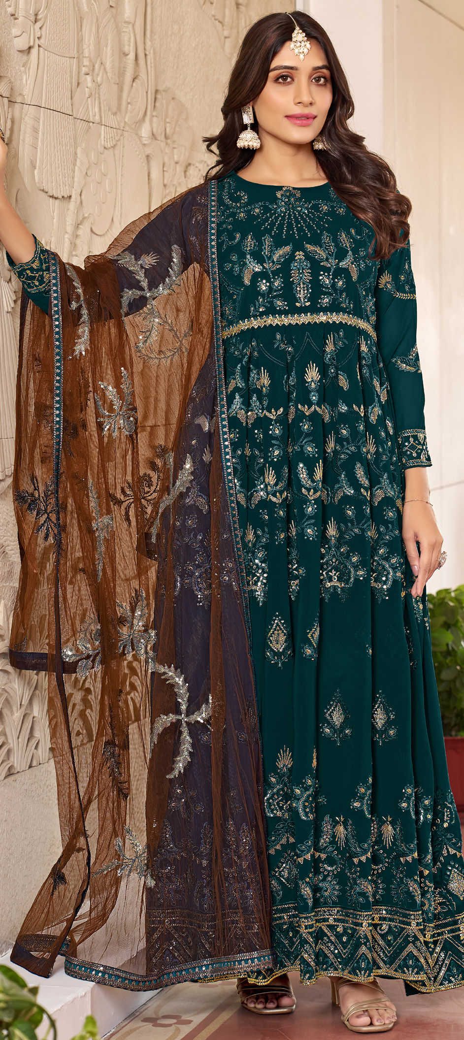 Engagement, Reception, Wedding Green color Faux Georgette fabric Gown ...