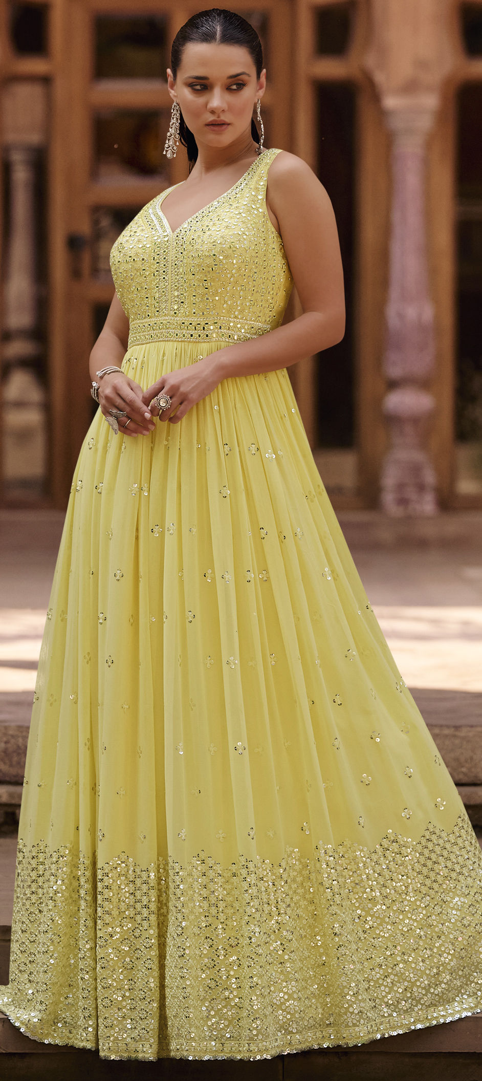 Reception, Wedding Yellow color Georgette fabric Gown : 1930553