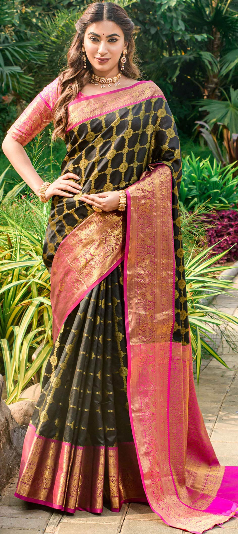 Party Wear, Traditional Black and Grey color Banarasi Silk fabric Saree ...