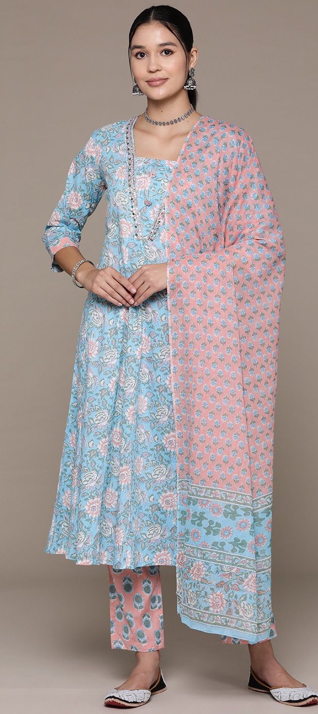Festive, Summer Blue color Cotton fabric Salwar Kameez : 1930883