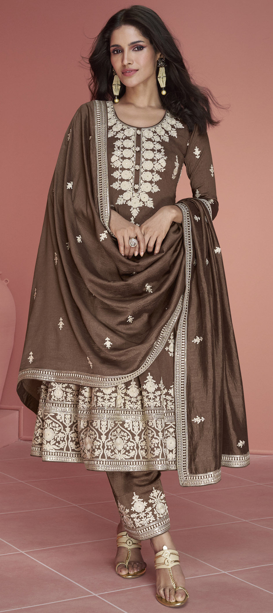 Bollywood Beige and Brown color Silk fabric Salwar Kameez : 1931021