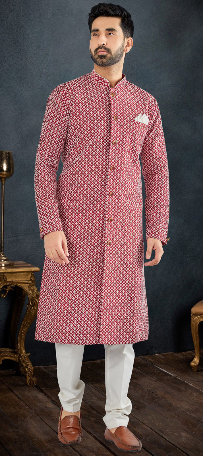 Reception, Wedding Red and Maroon color Jacquard fabric Sherwani : 1931268