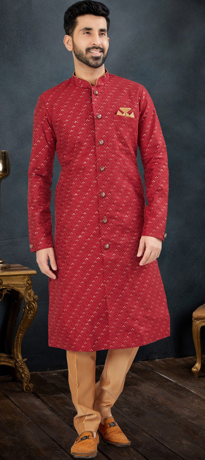 Reception, Wedding Red and Maroon color Jacquard fabric Sherwani : 1931278