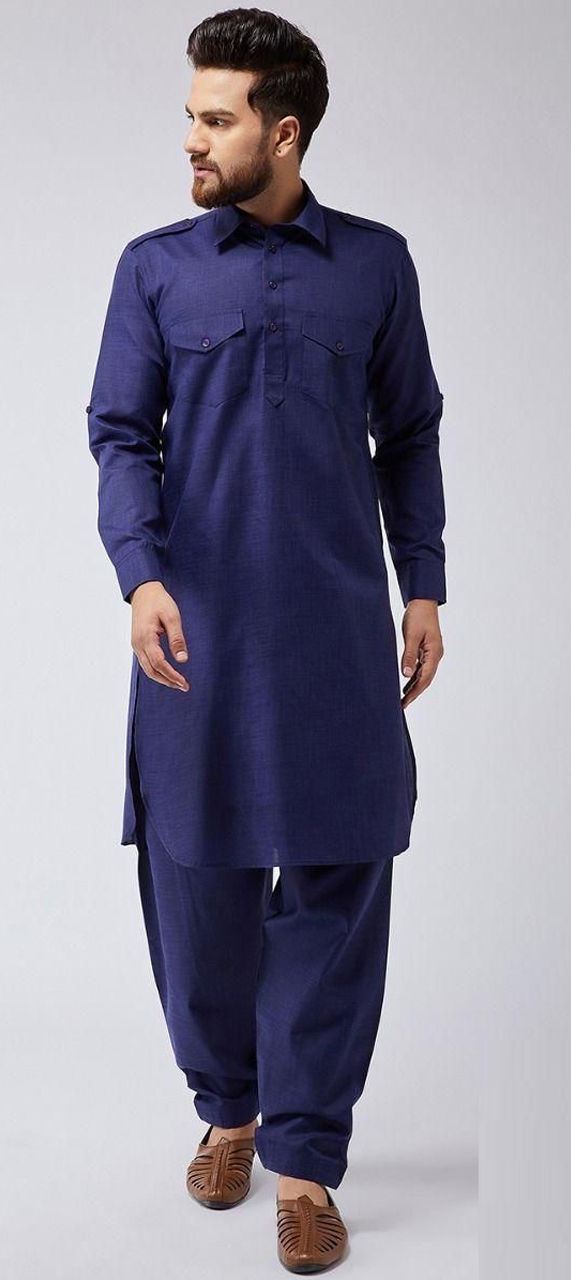 Festive, Wedding Blue color Cotton fabric Pathani Suit : 1931306