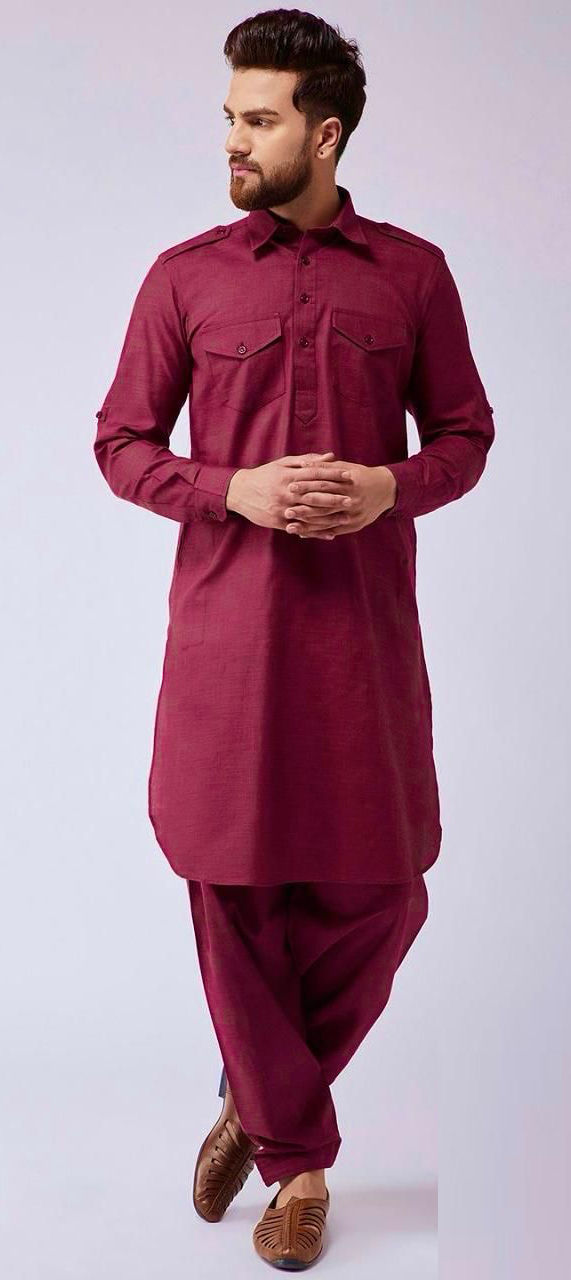 Festive, Wedding Red and Maroon color Cotton fabric Pathani Suit : 1931308