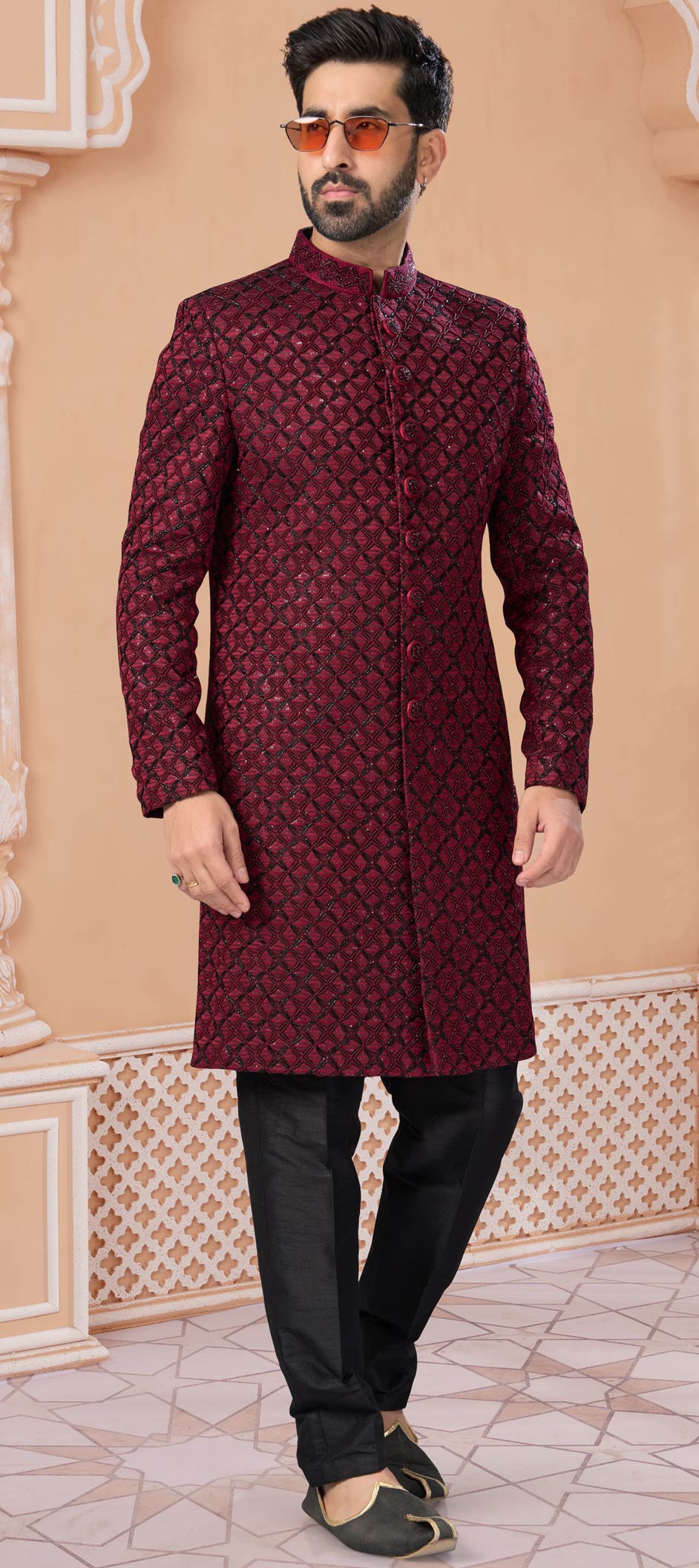 Reception, Wedding Red and Maroon color Jacquard fabric Sherwani : 1931768