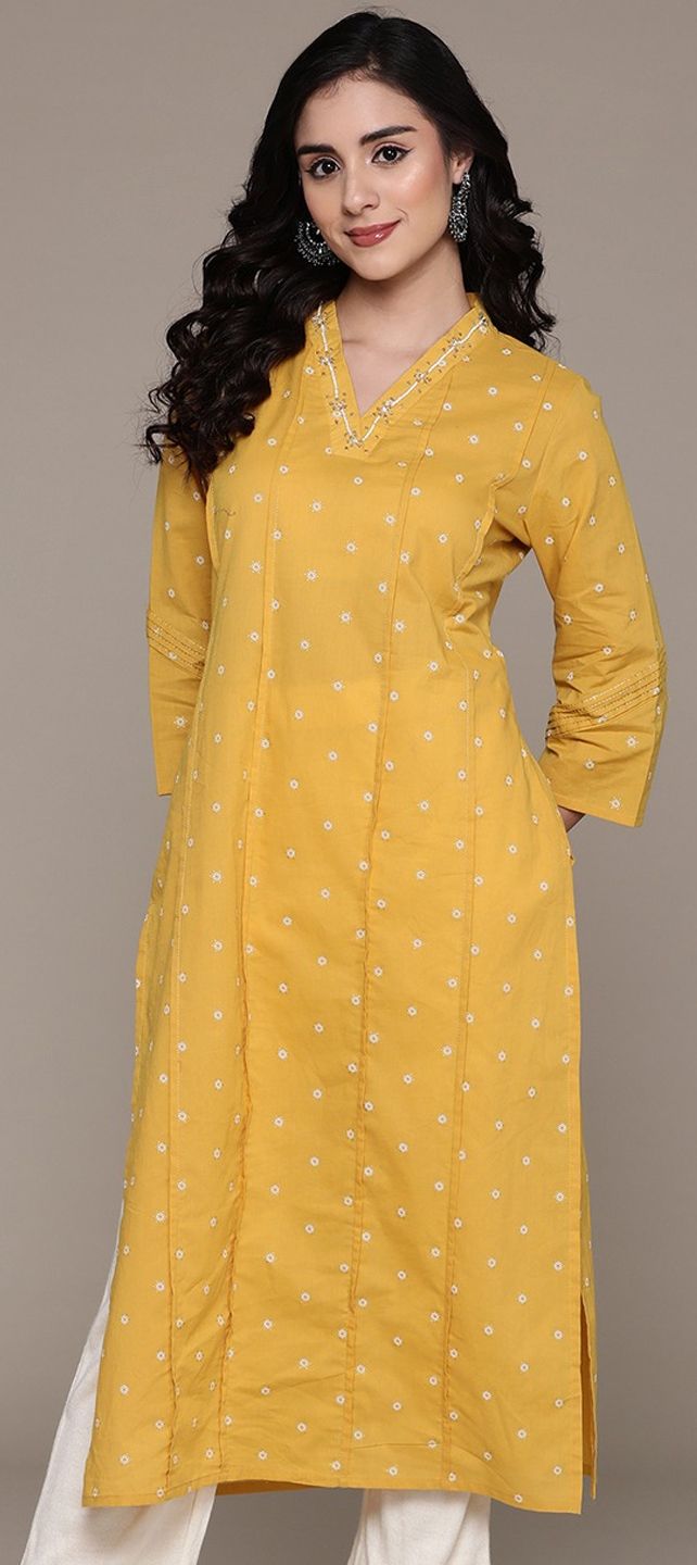 Summer Yellow color Cotton fabric Kurti : 1932636