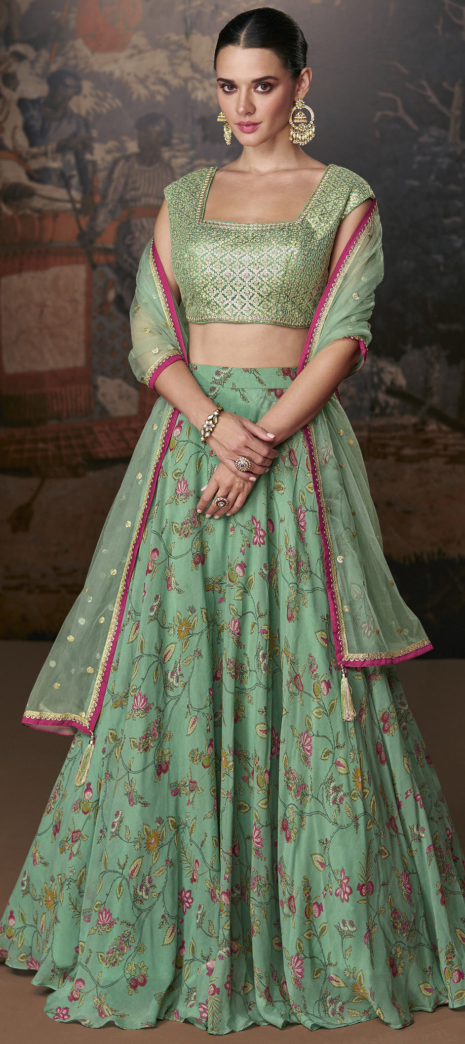 Engagement, Mehendi Sangeet, Wedding Green color Organza Silk fabric ...