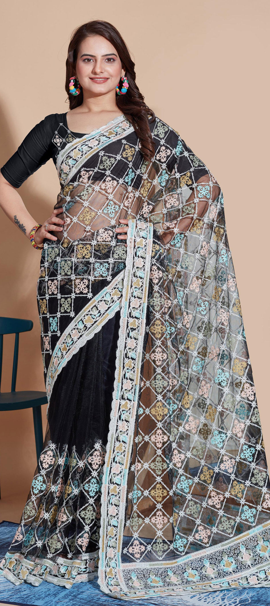 Festive, Party Wear, Reception Black and Grey color Net fabric Saree ...
