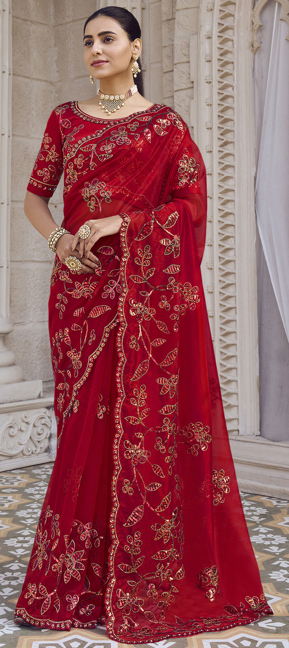 Festive, Reception, Wedding Red and Maroon color Shimmer fabric Saree ...