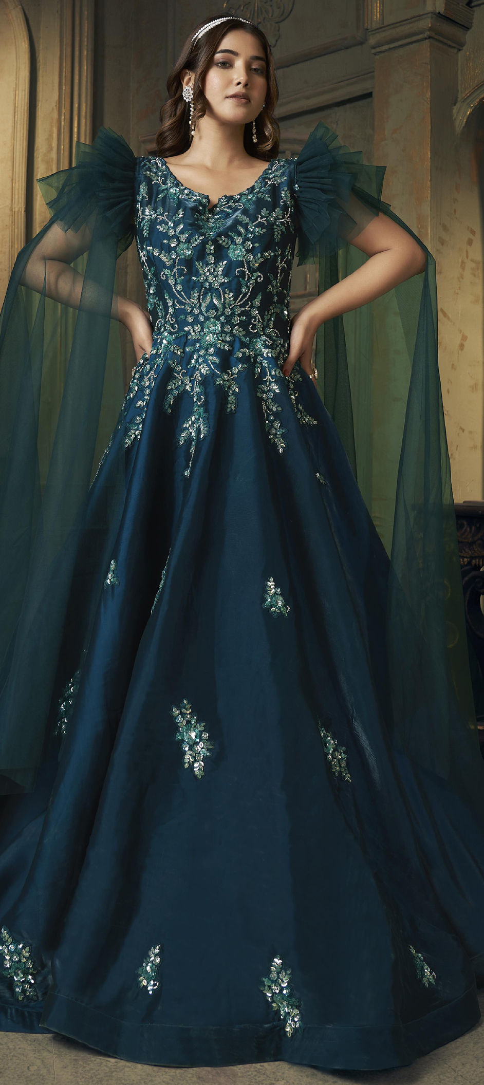 Engagement, Festive, Reception Blue color Net, Silk fabric Gown : 1933745