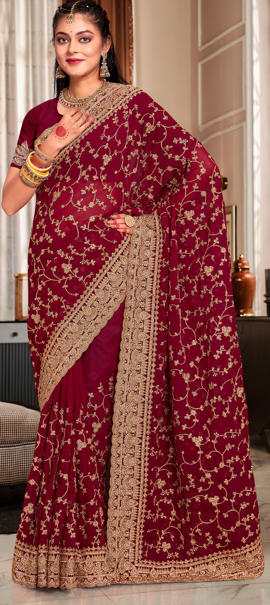 Festive, Party Wear, Reception Red and Maroon color Georgette fabric ...