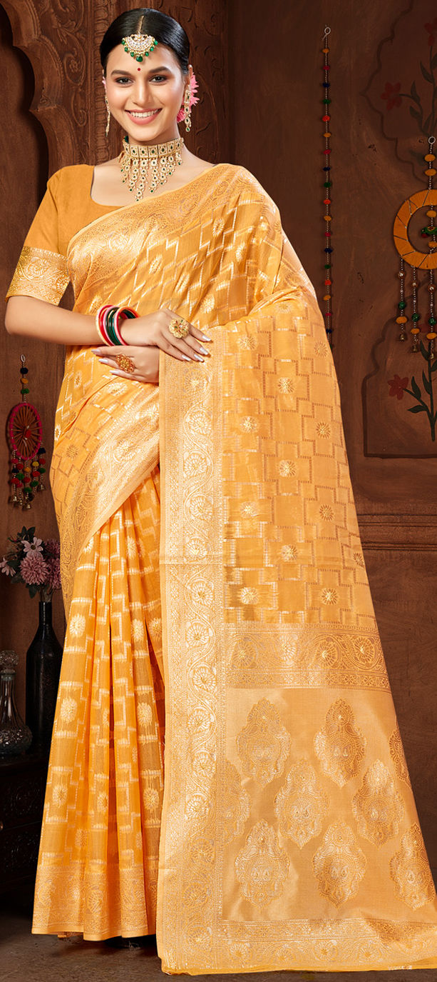 Party Wear, Traditional Orange color Cotton fabric Saree : 1934782