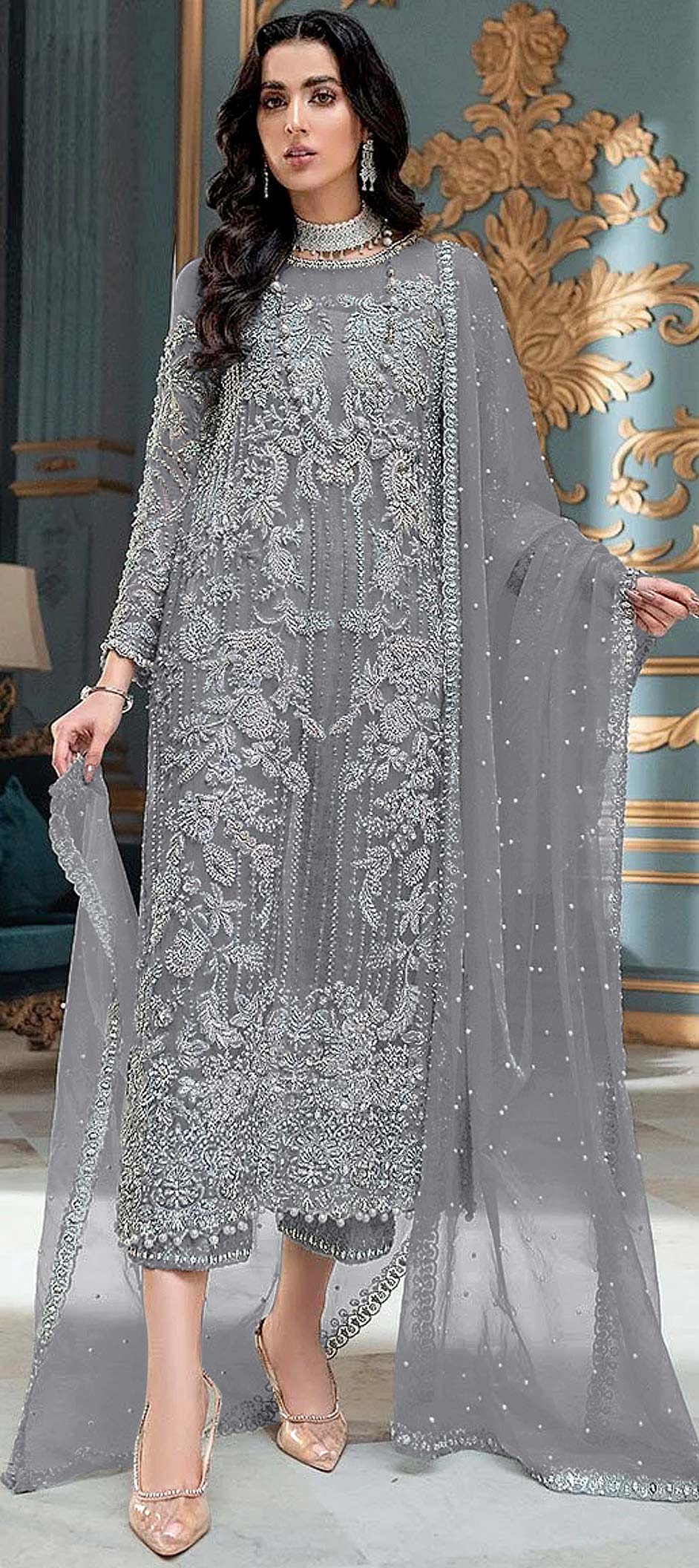 Festive, Party Wear, Reception Black and Grey color Net fabric Salwar ...