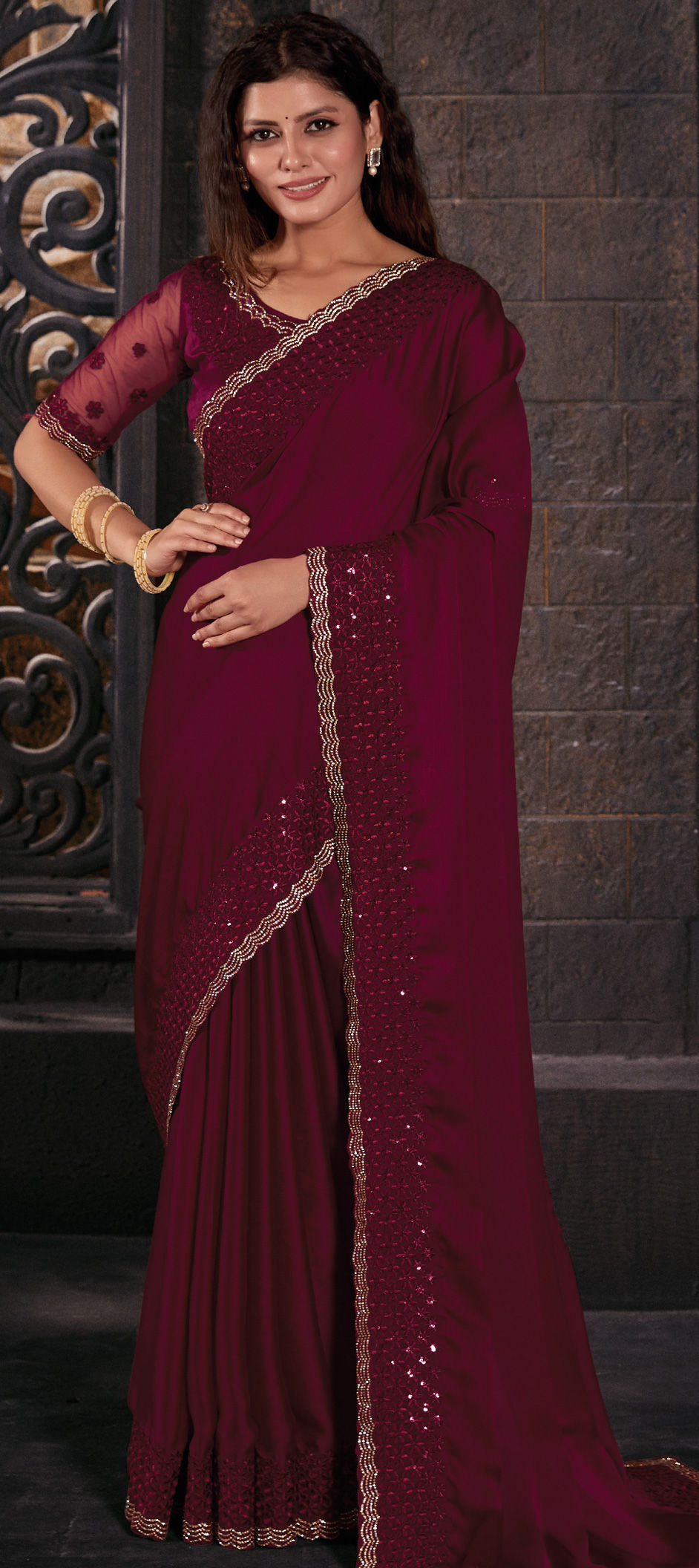 Festive, Reception, Wedding Red and Maroon color Chiffon fabric Saree ...